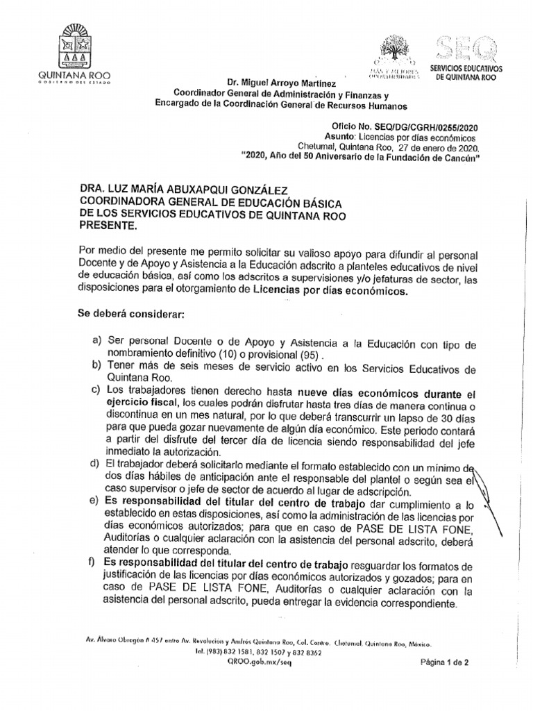 Circular de Licencia Por Dias Economicos Planteles | PDF