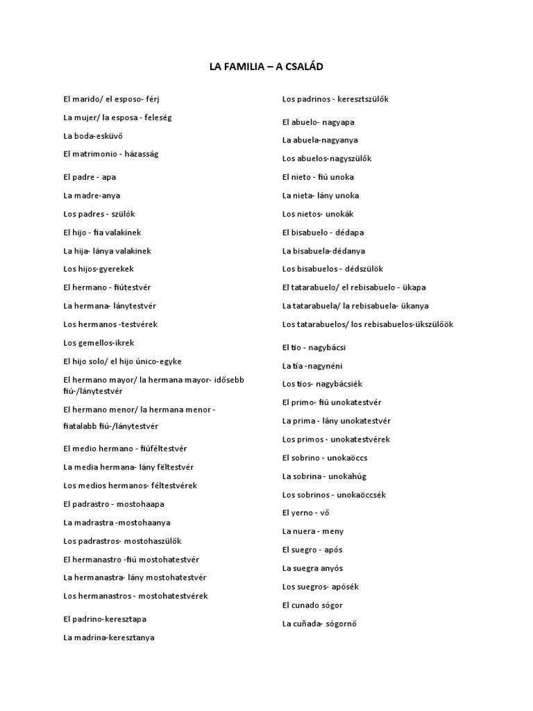 La Familia Vocabulario | PDF