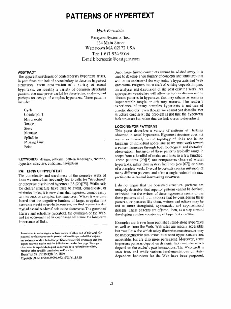 Bernstein M - Patterns of Hypertext | PDF | Hypertext | World Wide Web