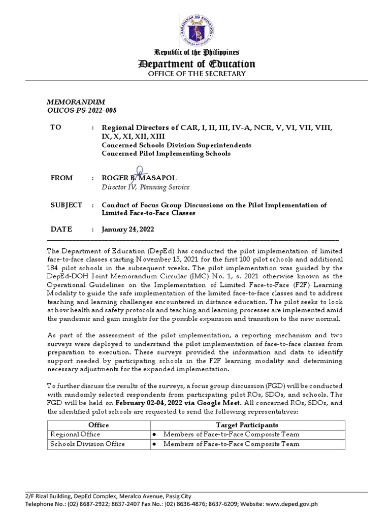 MEMO FGD For F2F Pilot Implementation 1 | PDF | Metro Manila