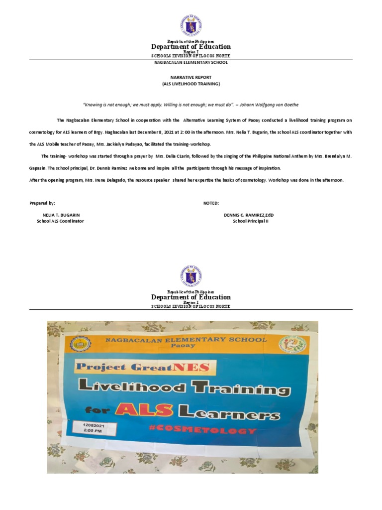Department of Education: Narrative Report (Als Livelihood Training ...