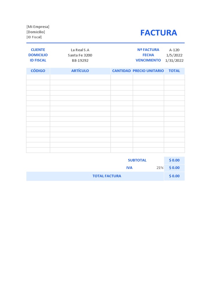 Formato de Factura en Excel | PDF