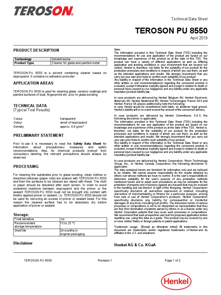 Teroson PU 8550 Cleaner Overview | PDF | Legal Liability | Trademark