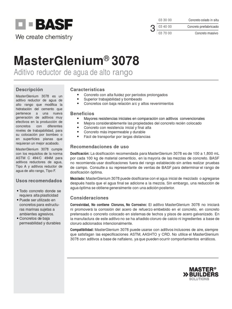 MasterGlenium 3078 Tds SP Pa | PDF | Hormigón | Sustancias químicas