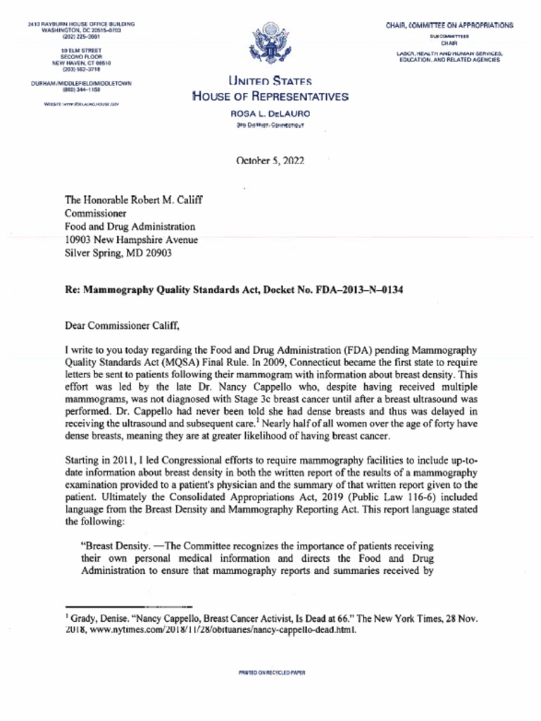 DeLauro Letter - MQSA Breast Density Notification Rule | PDF