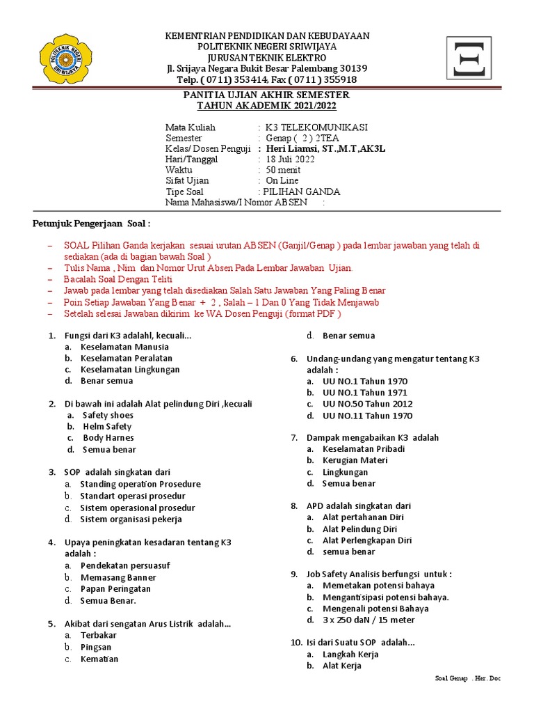 SOAL UAS K3 2TEA Online 2022 | PDF