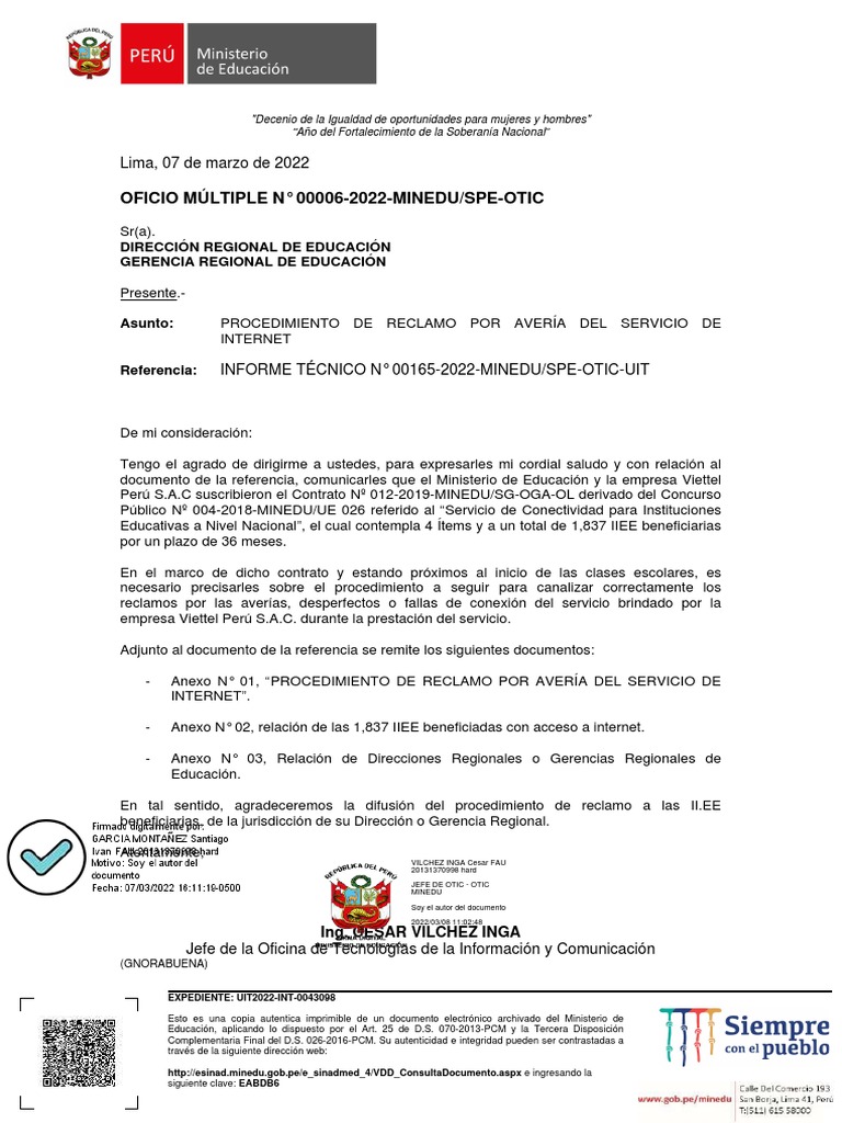 OFICIO - MULTIPLE 00006 2022 MINEDU SPE OTIC - 1 - Compressed | PDF | Lima | Internet