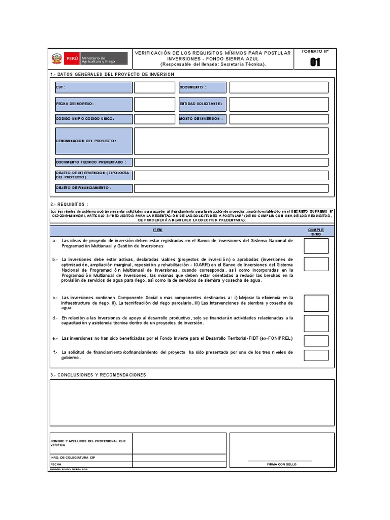 Formato N°01 Verificación de Requisitos Mínimos - Ok | PDF | Inversiones | Economias
