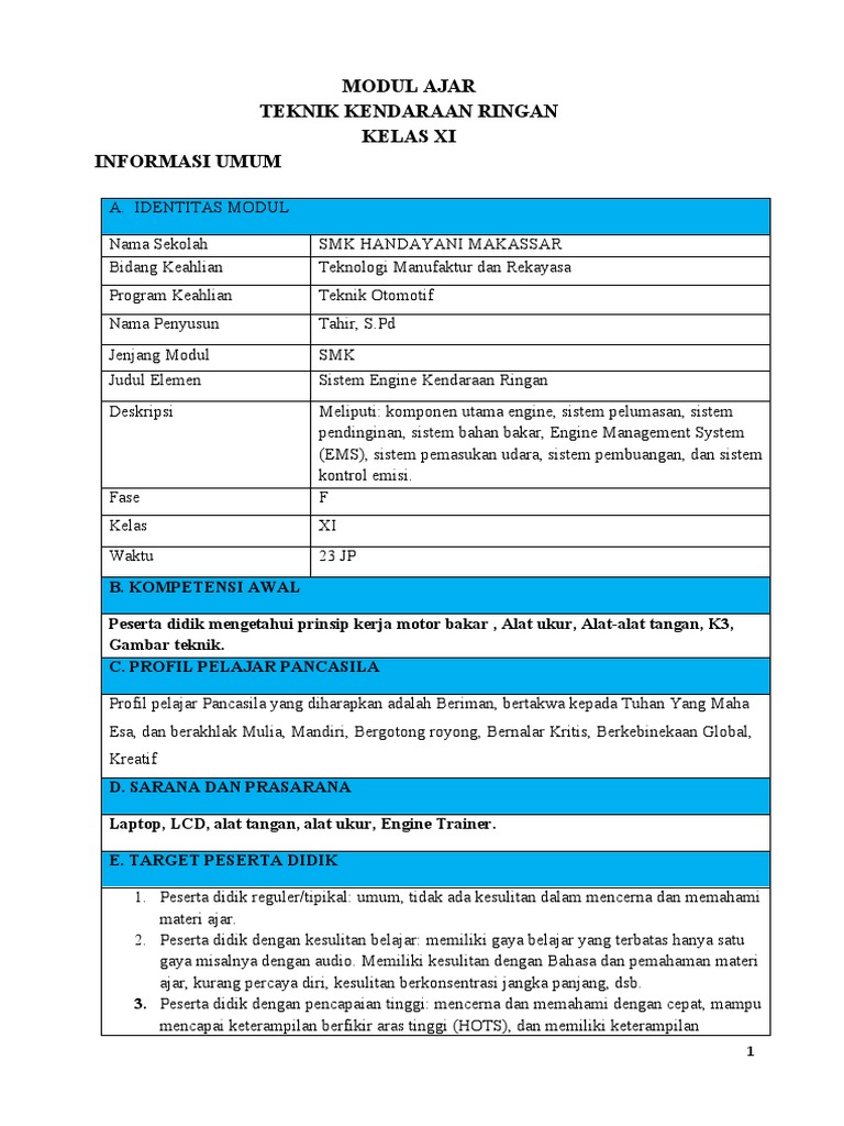 MODUL AJAR 5 Sistem Engine KR | PDF