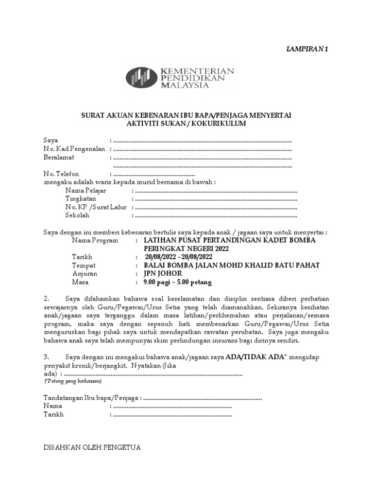 Surat Kebenran Ibubapa Latihan Negeri 2 | PDF