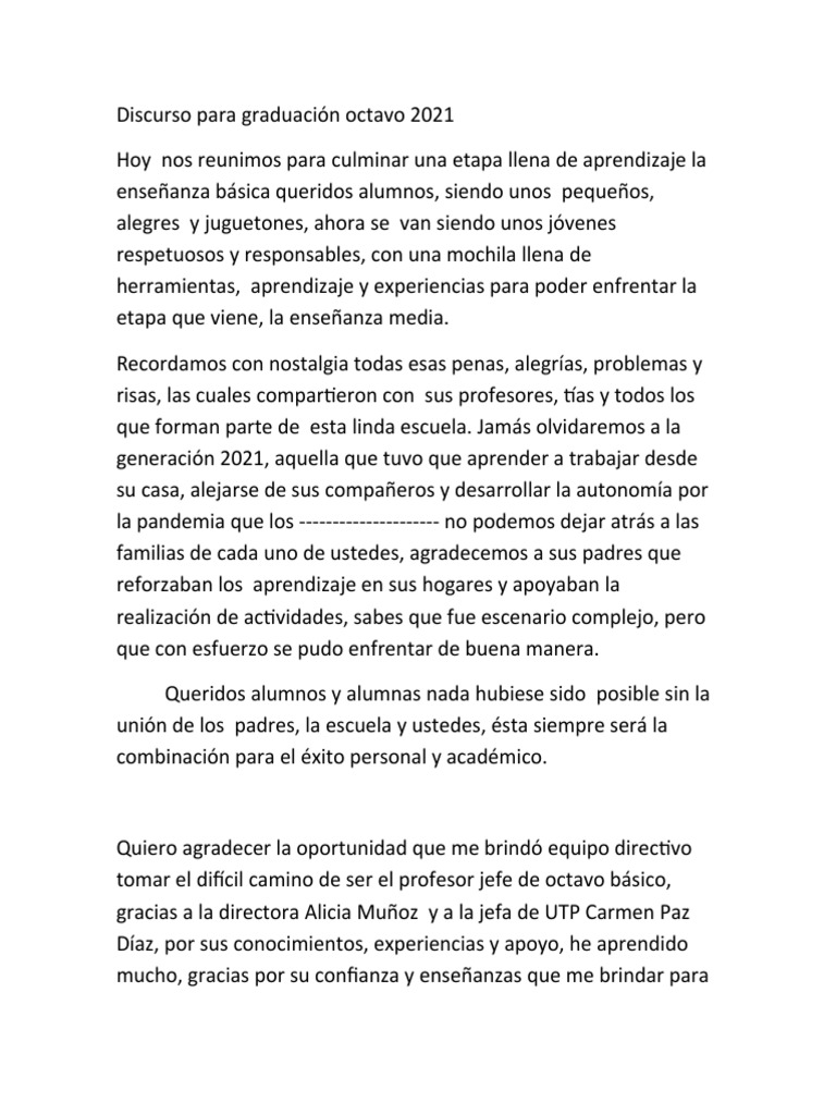 Discurso graduación 2021 octavo básico | PDF | Método de enseñanza ...