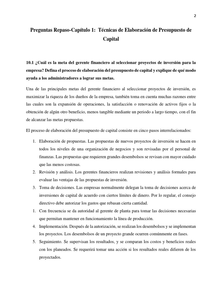 LIF201 Preguntas Repaso Capítulo 10 - Técnicas de Elaboración de Presupuesto Capital Linda ...