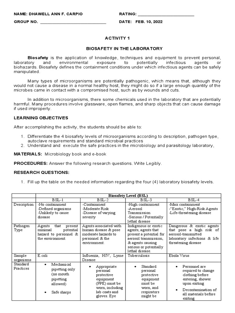 Microlab Activity 1 Biosafety in The Laboratory - DHAWELL ANN CARPIO | PDF