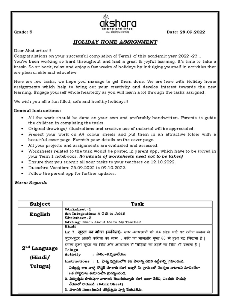 Holiday Home Assignment: Grade: 5 Date: 28.09.2022 | PDF | Behavior Modification | Cognition