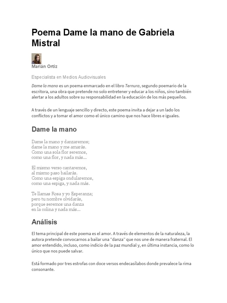 Poema Dame La Mano de Gabriela Mistral | PDF | Poesía | Amor