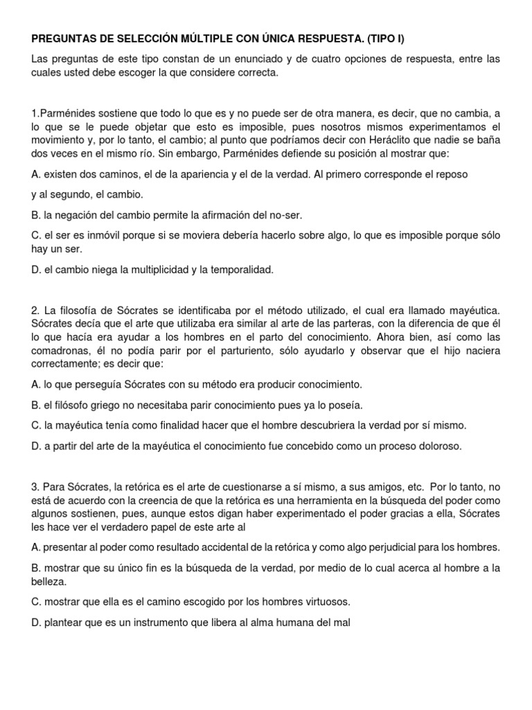 Preguntas de Selección Múltiple Con Única Respuesta Filosofía | PDF ...