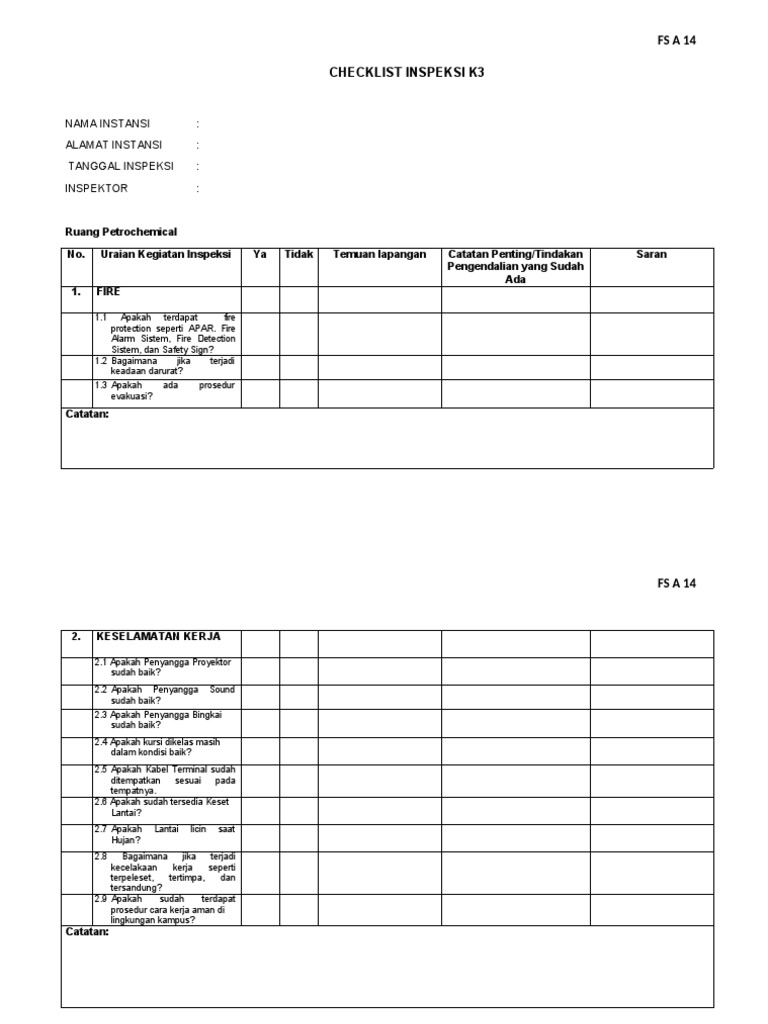 Contoh Form Inspeksi Keselamatan K3 | PDF