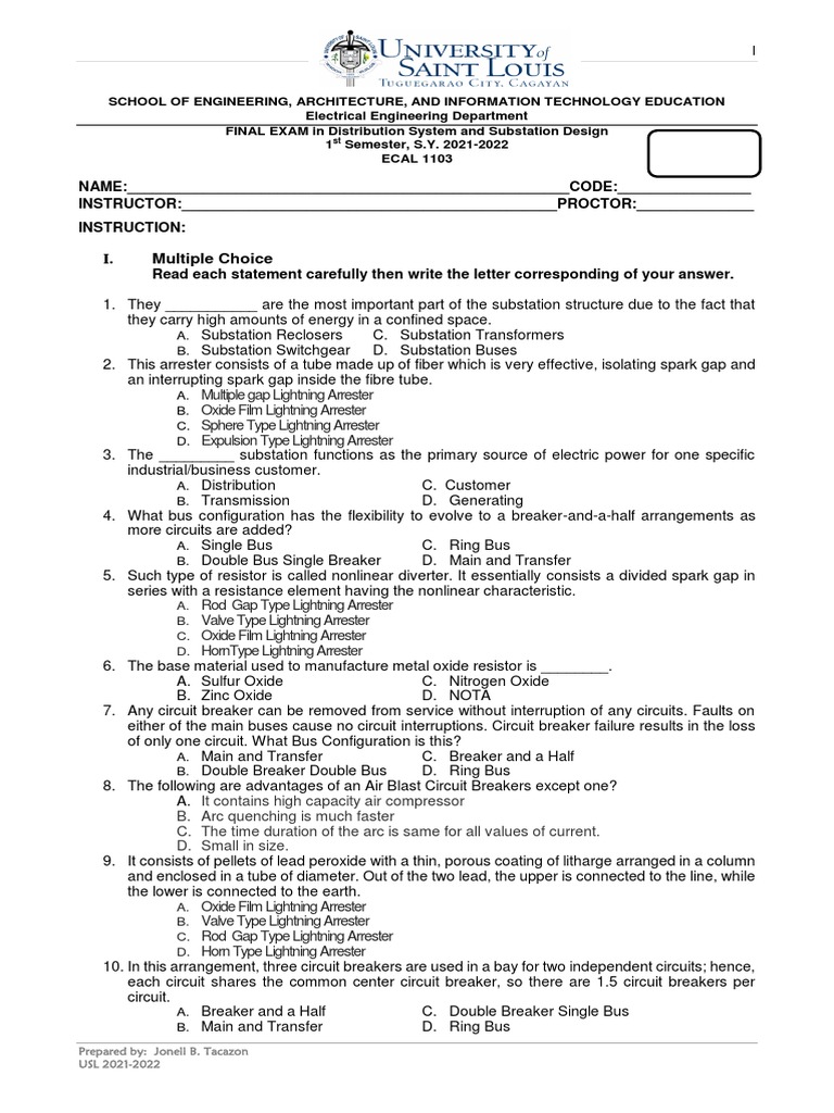 Final Exam | PDF | Transformer | Electrical Substation
