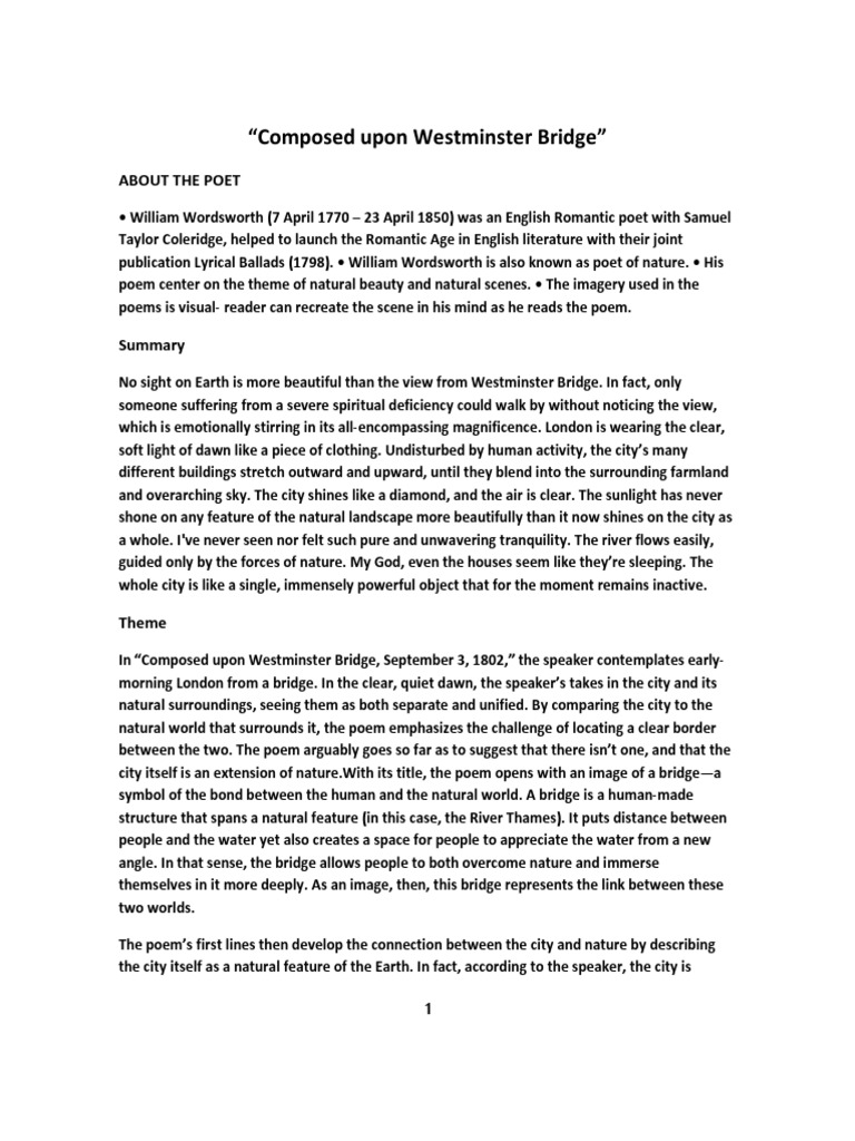 "Composed Upon Westminster Bridge": About The Poet | PDF | William ...