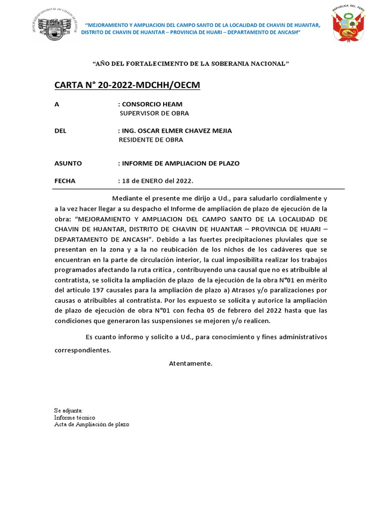 Solicitud de ampliación de plazo de ejecución de obra por causas no ...