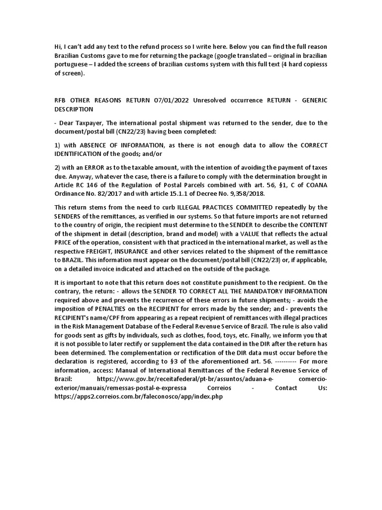 Full Text Brazilian Customs Reason For Returning Package | PDF ...