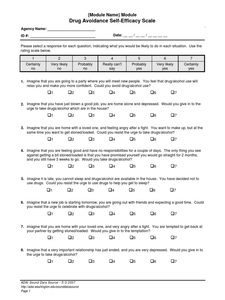 Drug Avoidance Self Efficacy Scale 438 | PDF