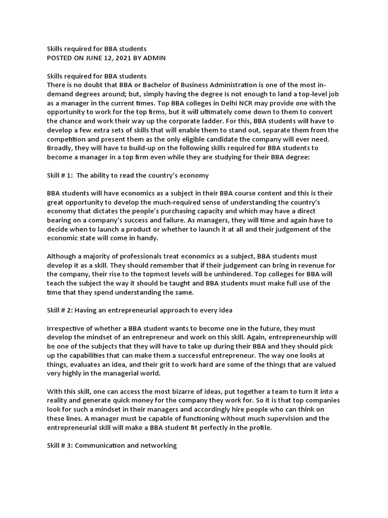 Skills Required For BBA Students | PDF | Entrepreneurship | Critical ...