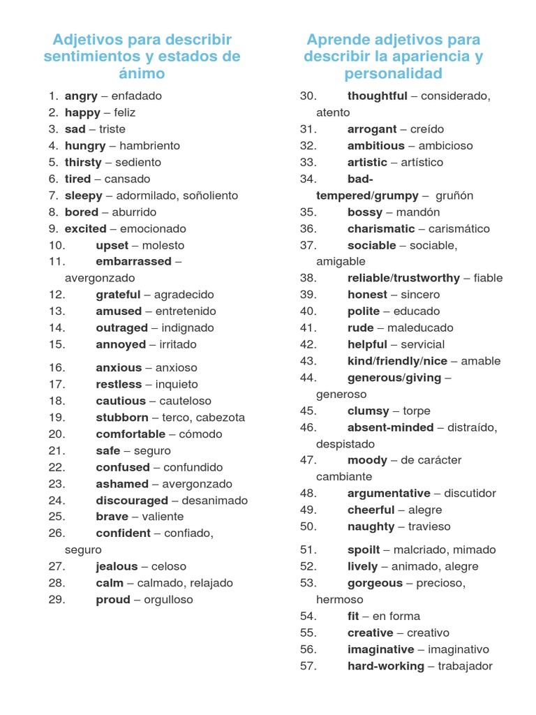 100 - Adjetivos para Describir Sentimientos y Estados de Ánimo | PDF