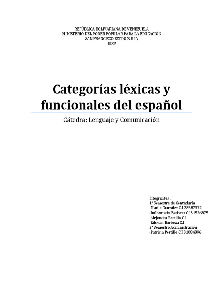 Objetivo #2 Categorias Lexicas y Funcionales Del Español | PDF | Verbo ...
