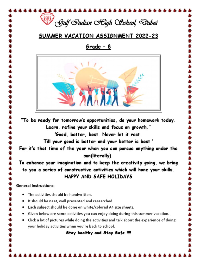 Gulf Indian High School, Dubai: Summer Vacation Assignment 2022-23 Grade - 8 | PDF
