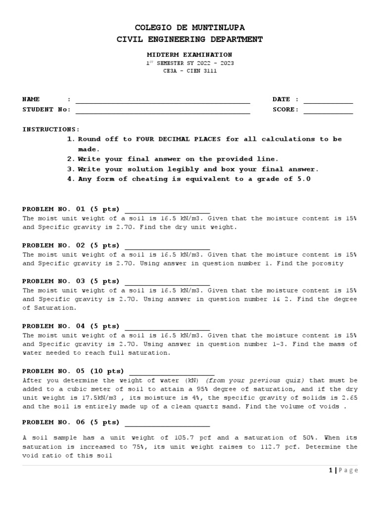 Midterm Soil Mechanics 1st Sem SY 2022-2023 | PDF