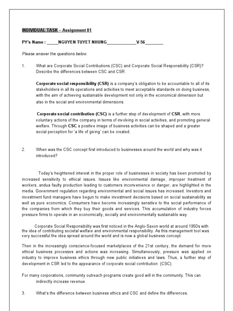 CSC - Individual Assignment 01-Tuyet Nhung | PDF | Business Ethics | Corporate Social Responsibility