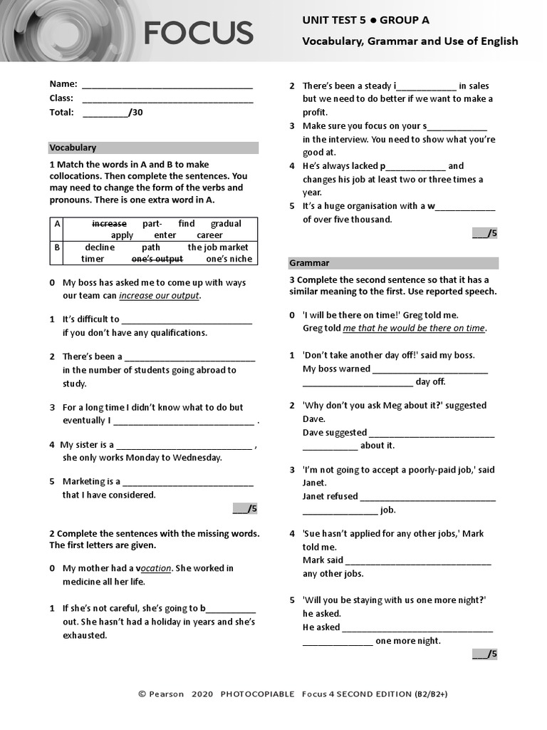 Focus4 2E Unit Test Vocabulary Grammar UoE Unit5 GroupA | PDF | Linguistics