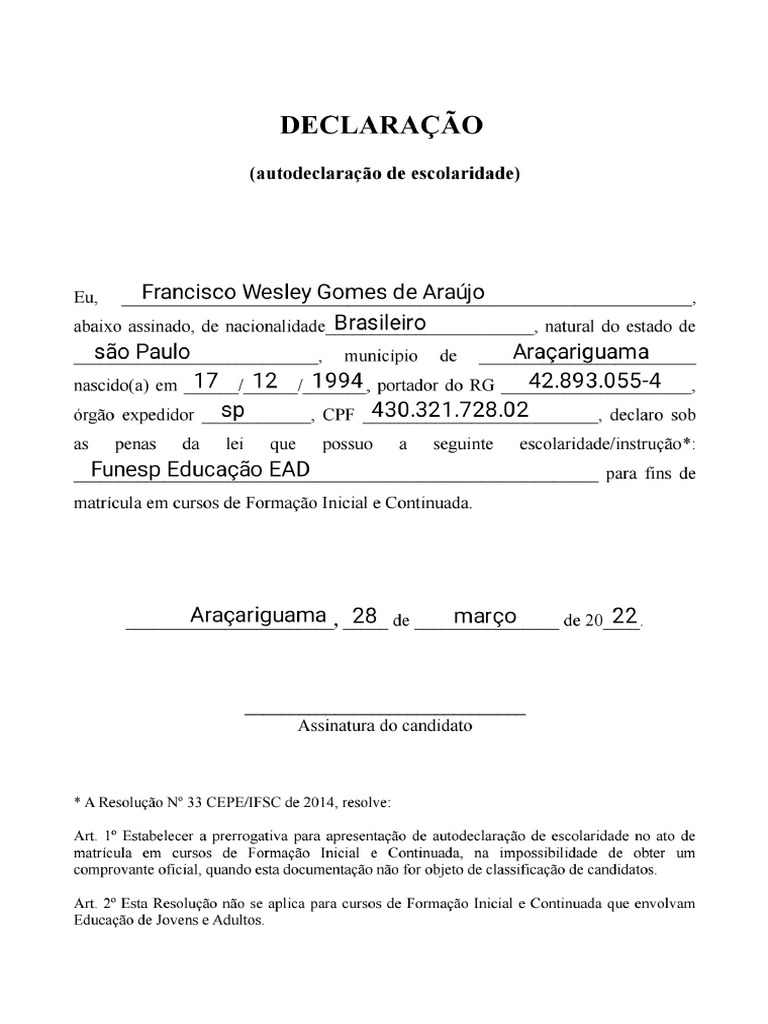 Autodeclaracao Escolaridade Edit 29-03-2022 14.27.21 | PDF Autodeclaracao Escolaridade Edit 29-03-2022 14.27.21 | PDF