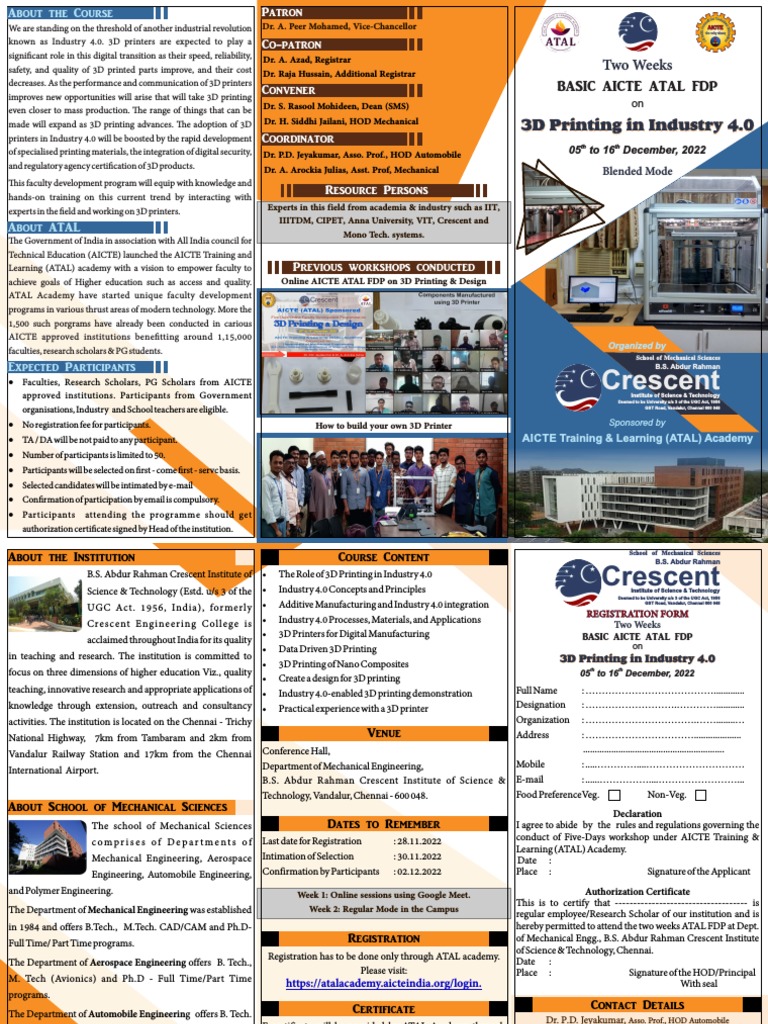 Brouchure AICTE ATAL FDP On 3D Printing in Industry 4.0 | PDF | 3 D Printing | Mechanical ...