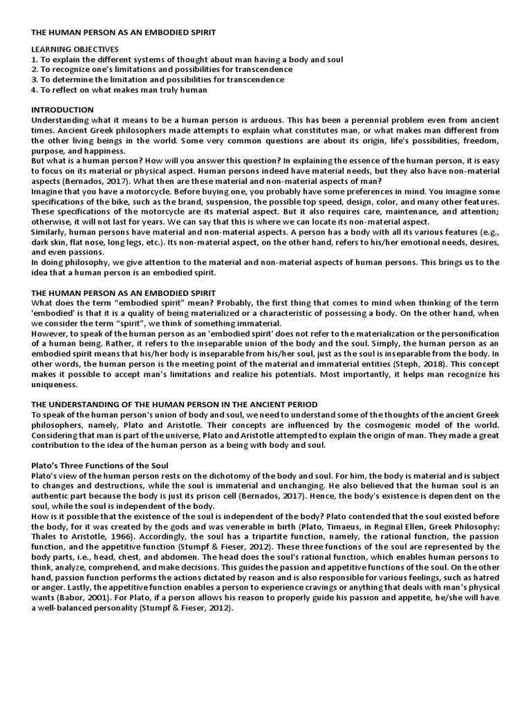 Understanding the Human Person: Exploring Views of the Embodied Spirit ...