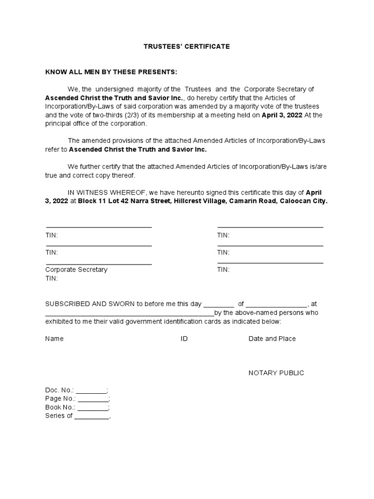 Trustees Certificate | PDF