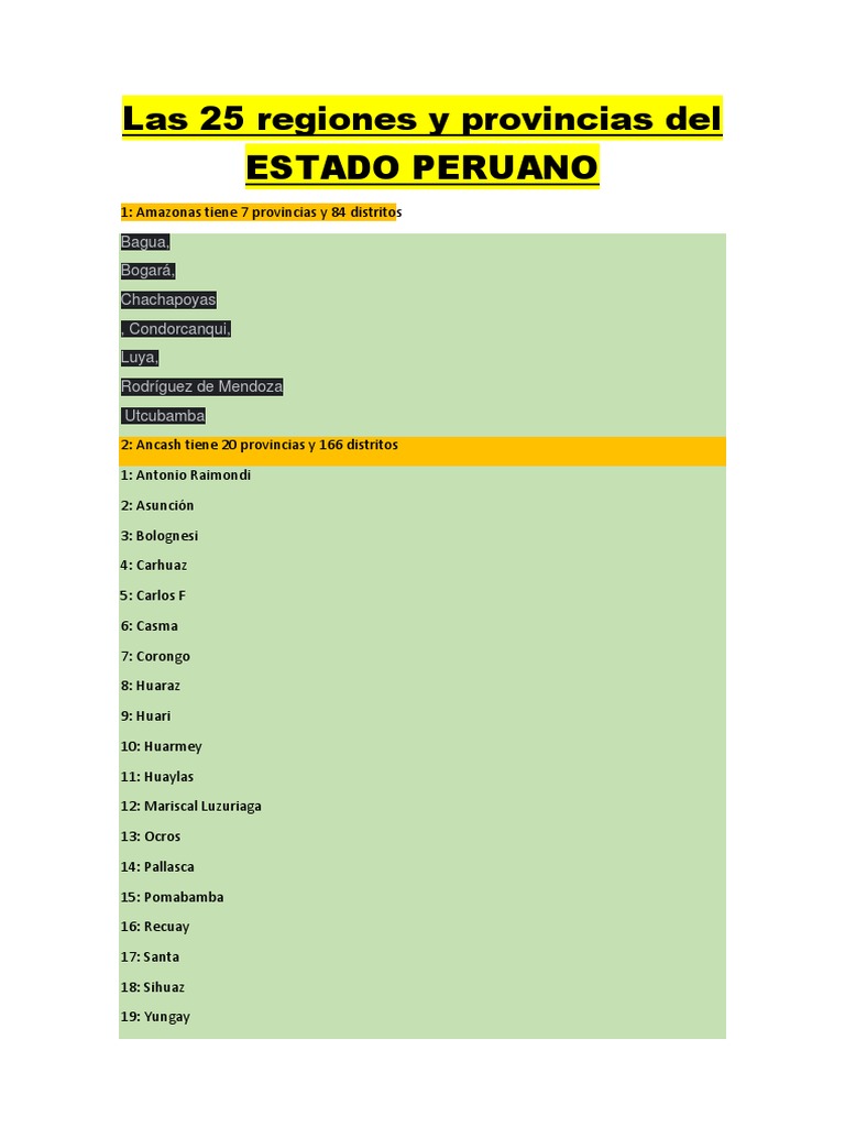 Las 25 Regiones y Provincias Del ESTADO PERUANO | PDF | América del Sur ...