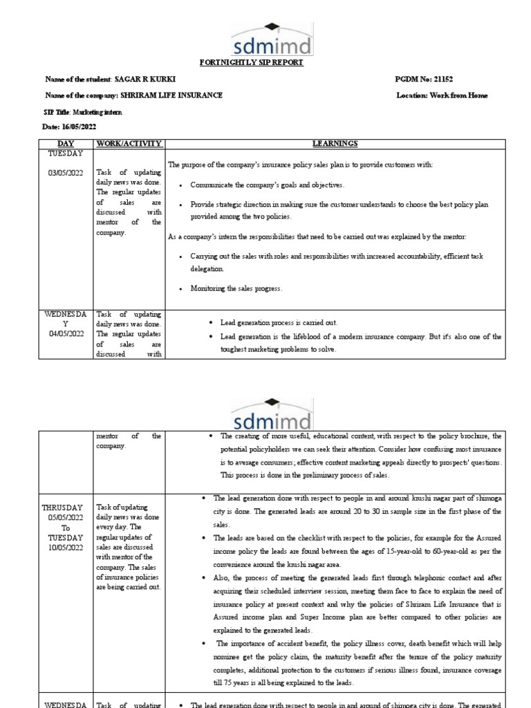 SIP Fortnightly Report Format 2022 SAGAR R KURKI 21152 | PDF ...