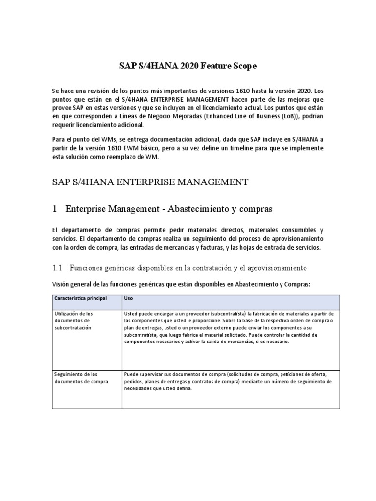 SAP S4HANA 2020 Feature Scope - Aprovisionamiento y Gestión Stocks | PDF | Obtención | Indicador ...