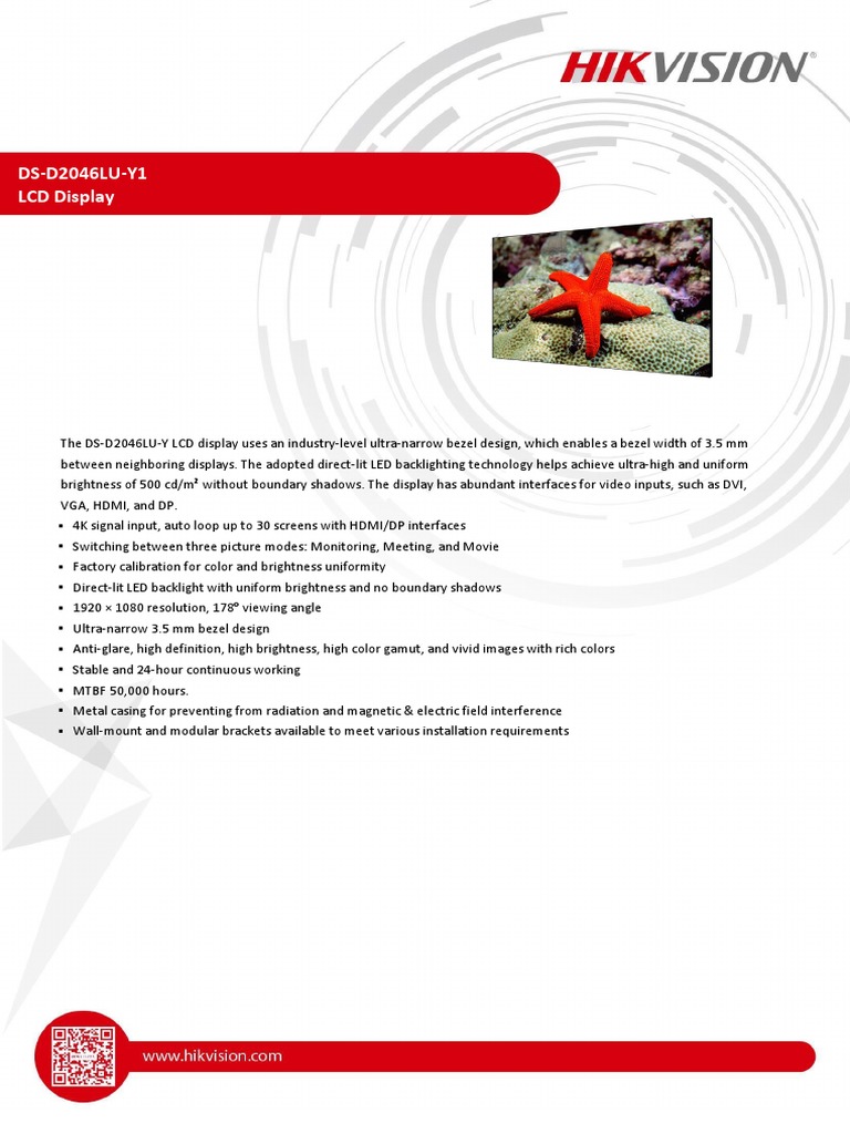 8 Datasheet 46-Inch 3.5mm LCD Display Unit DS-D2046LU-Y1 | PDF | Hdmi | Computer Science
