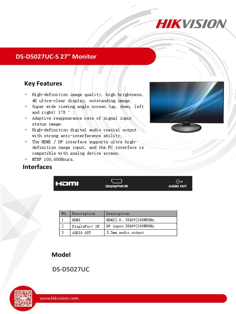 7 Datasheet 27-Inch 4K Monitor DS-D5027UC-S | PDF | Hdmi | Computer Monitor