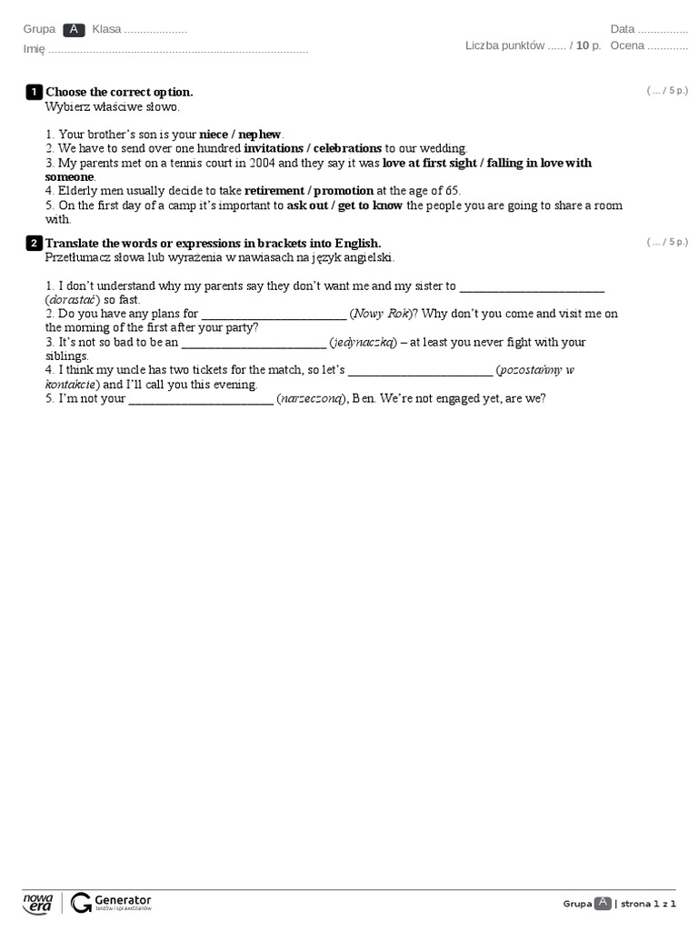 Unit 1 Short Test Vocabulary - Private Life - Part 1 Test (Z Widoczną ...