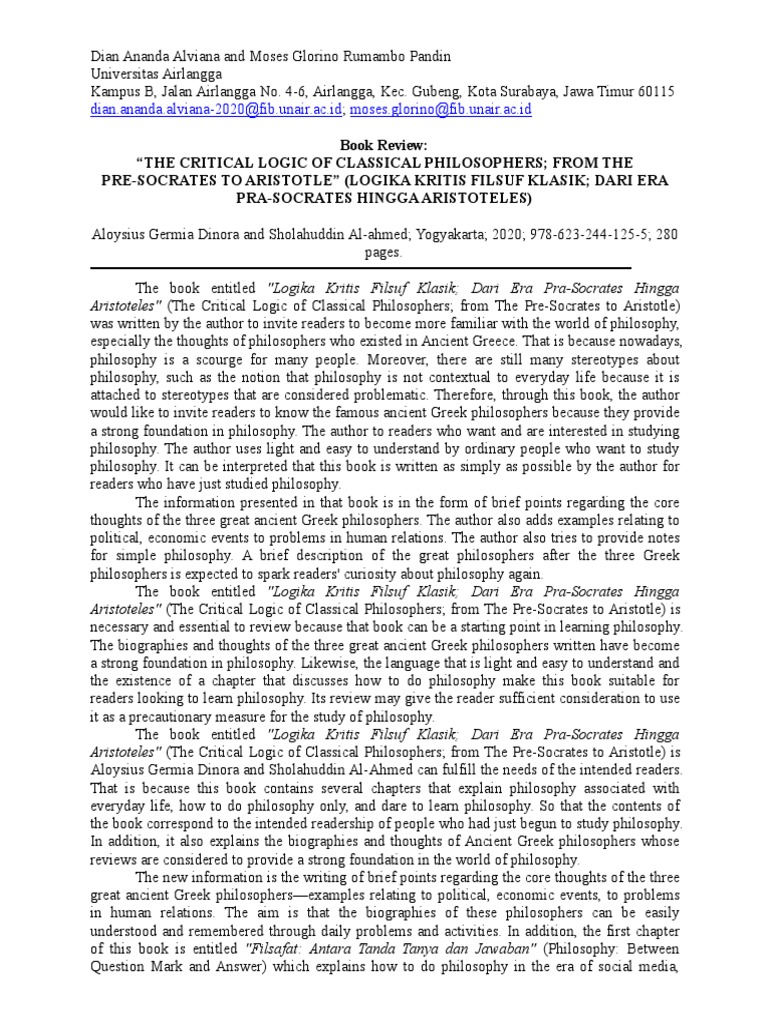 Book Review "THE CRITICAL LOGIC OF CLASSICAL PHILOSOPHERS FROM THE PRE ...