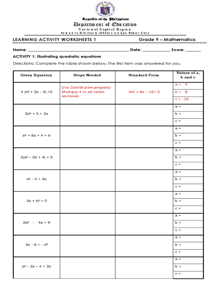 Q1 G9 Math Law 1 | PDF | Quadratic Equation | Equations
