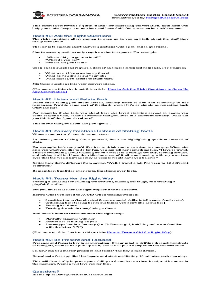 Conversation Hacks Cheat Sheet 3 | PDF | Conversation | Cognitive Science