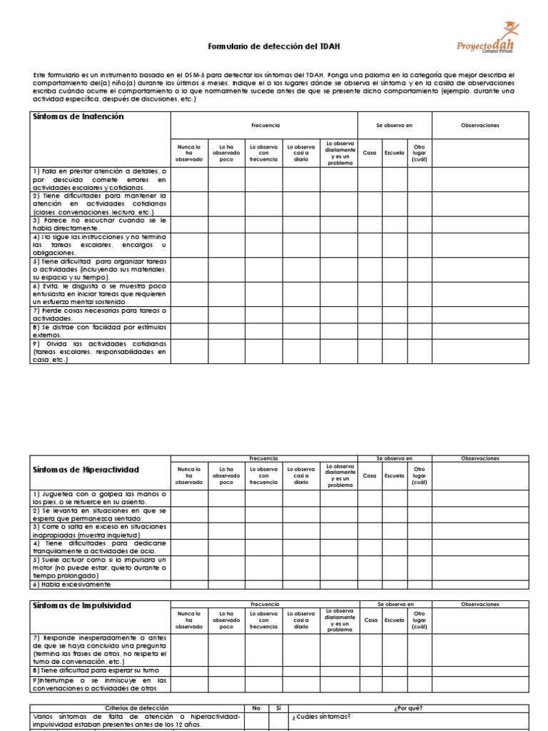 Formulario de Detección Del TDAH | PDF | Desorden hiperactivo y deficit ...