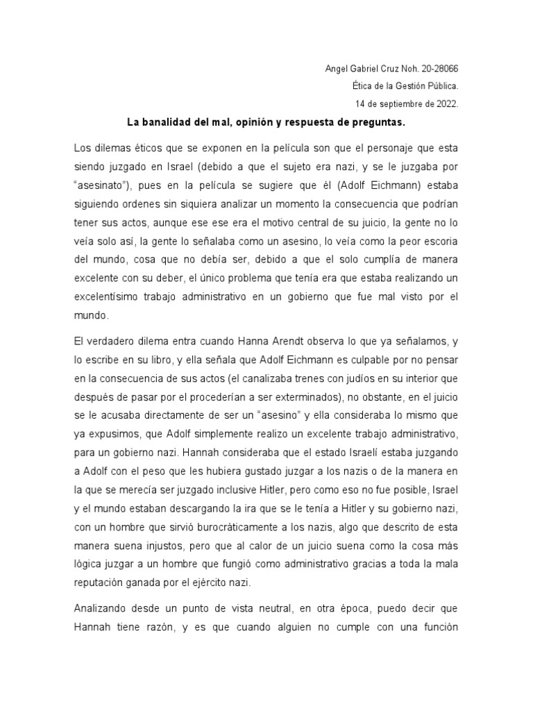 La Banalidad Del Mal, Trabajo | PDF | nazismo | Hannah Arendt