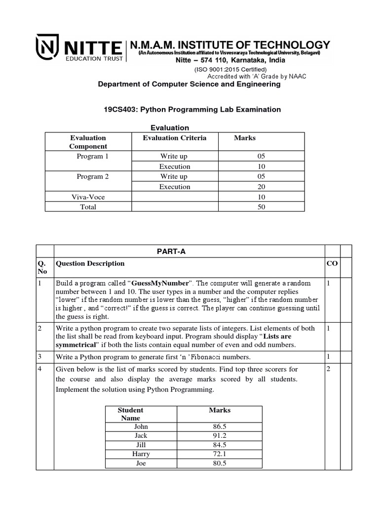 19CS403 PYTHON LAB EXAM Questions | PDF | Computer Program | Programming