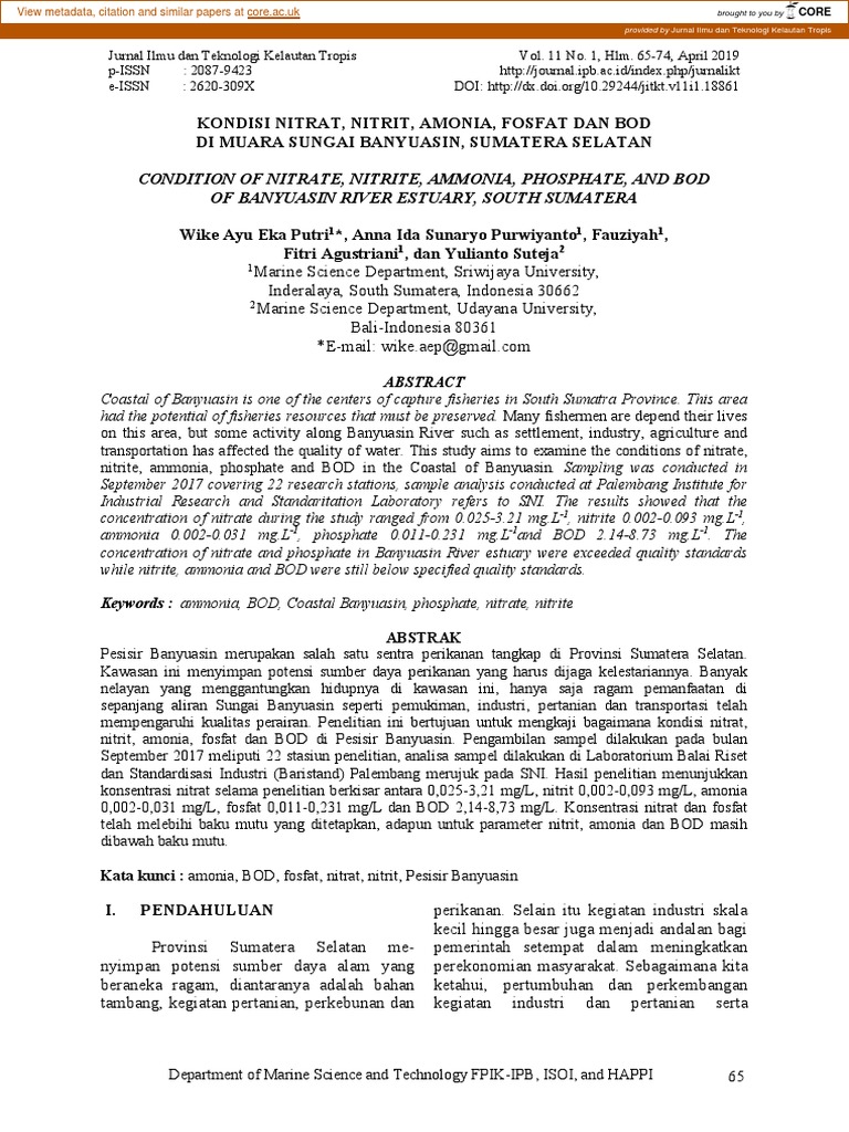 Condition of Nitrate, Nitrite, Ammonia, Phosphate, and Bod of Banyuasin River Estuary, South ...